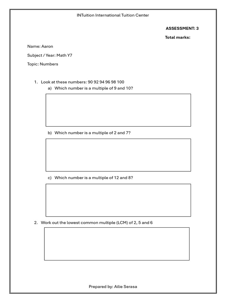 Math Assessment: LCM Problems Y7 | PDF