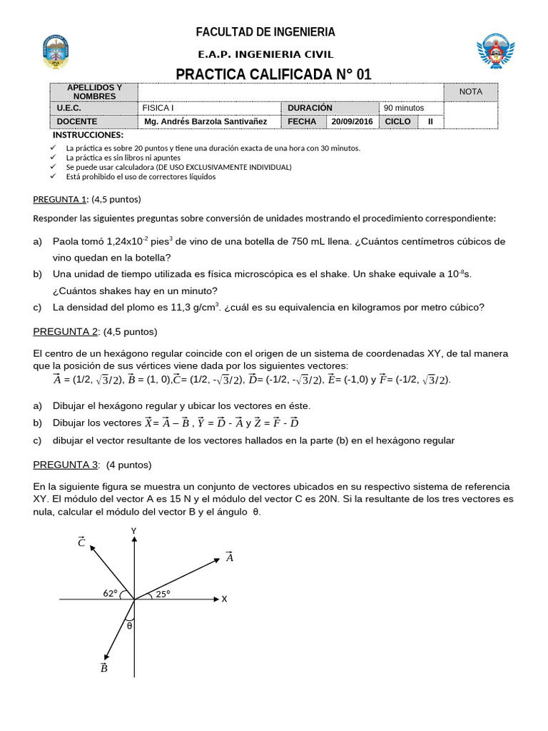 Practica Calificada #1 Fisica 1 | PDF | Vector Euclidiano | Álgebra lineal