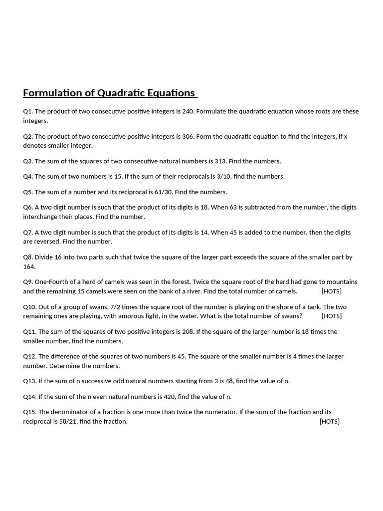 Formulation of Quadratic Equations Class X (Practice Questions) | PDF