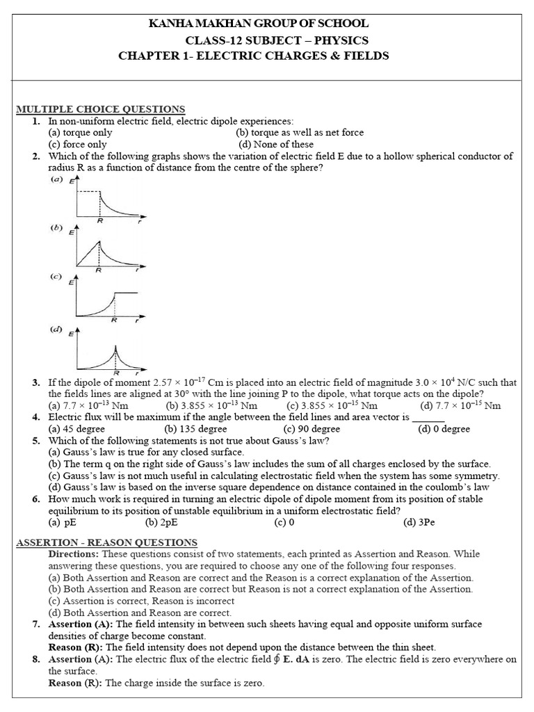 Class 12 Physics UT-1 WORKSHEET | PDF | Capacitance | Electrical Resistivity And Conductivity