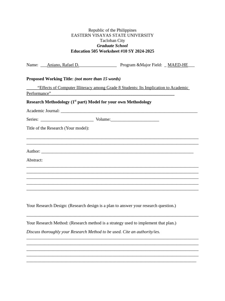 Education 505 Worksheet No. 10 Research Methodology First Part | PDF