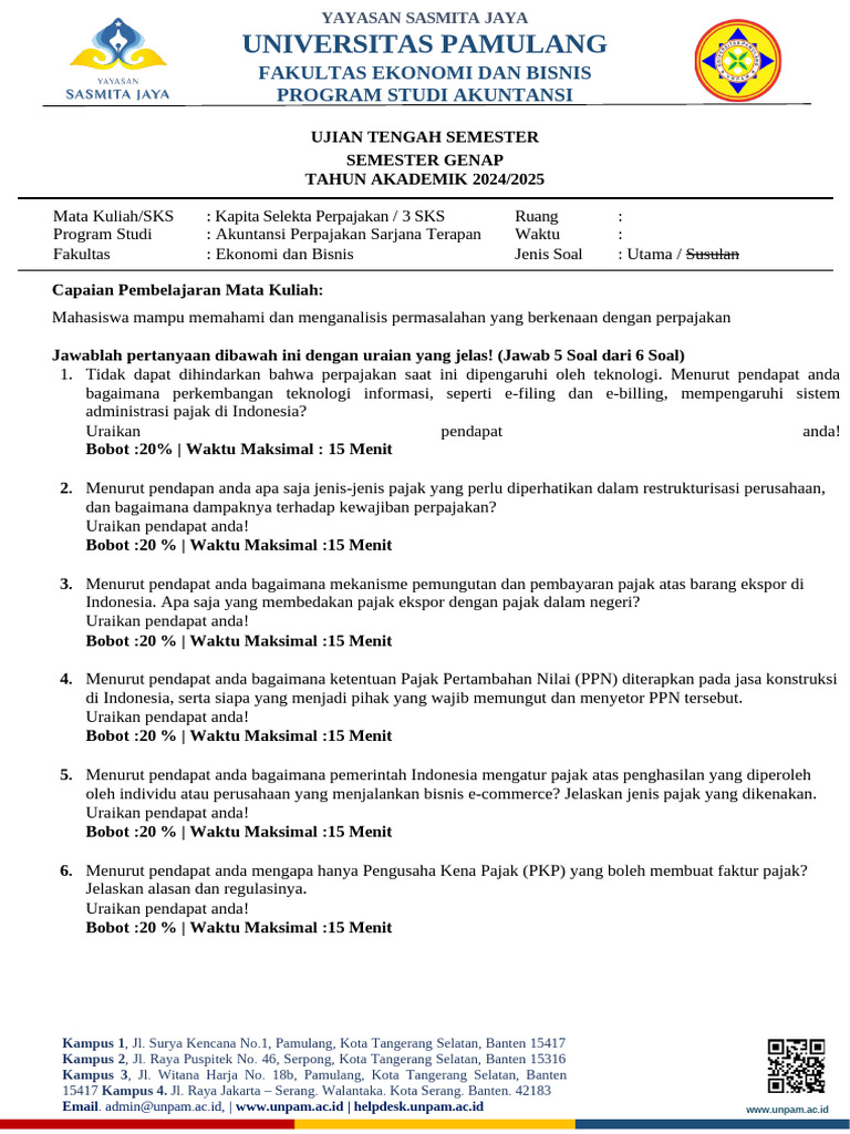 Soal Uts Online - Kapita Selekta Perpajakan | PDF