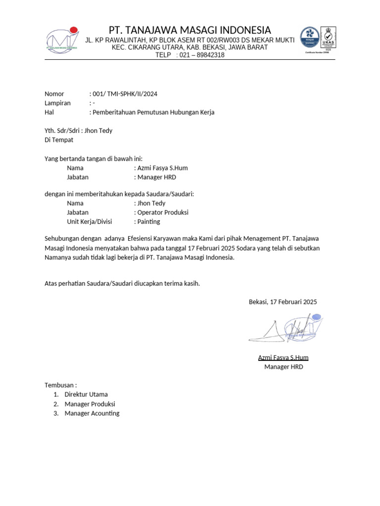 Pemberitahuan PHK Karyawan PT Tanajawa | PDF