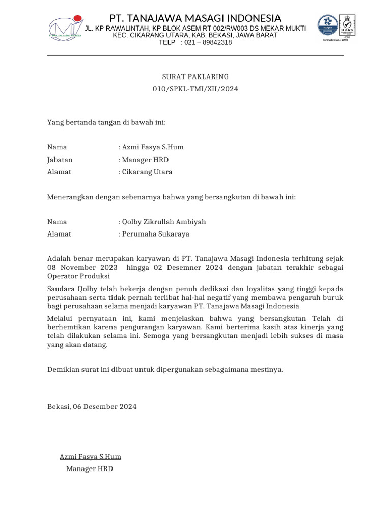 Contoh Surat Paklaring | PDF
