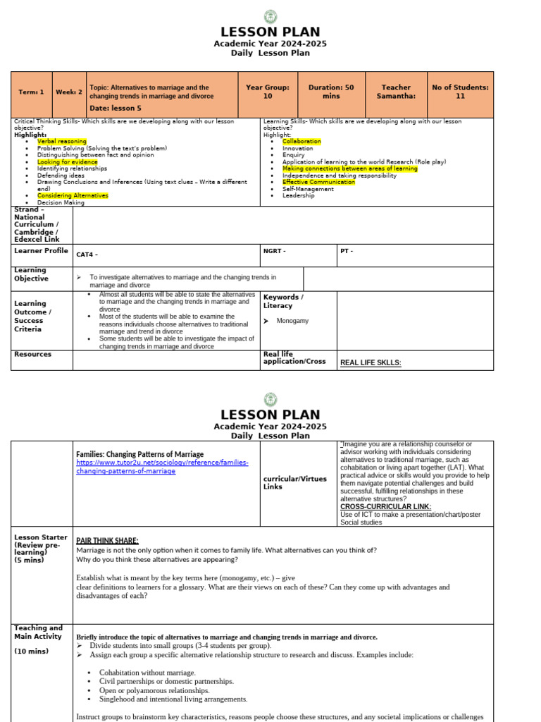 Year 10 Lesson 5 | PDF | Lesson Plan | Marriage