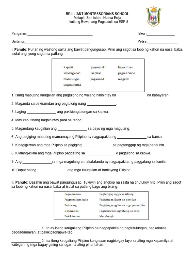3rd Monthly Test Grade 5 | PDF