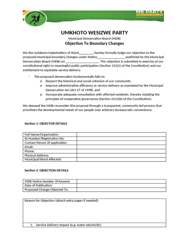 Umkhoto Wesizwe Party Boundary Delimitation Form - 022328 | PDF
