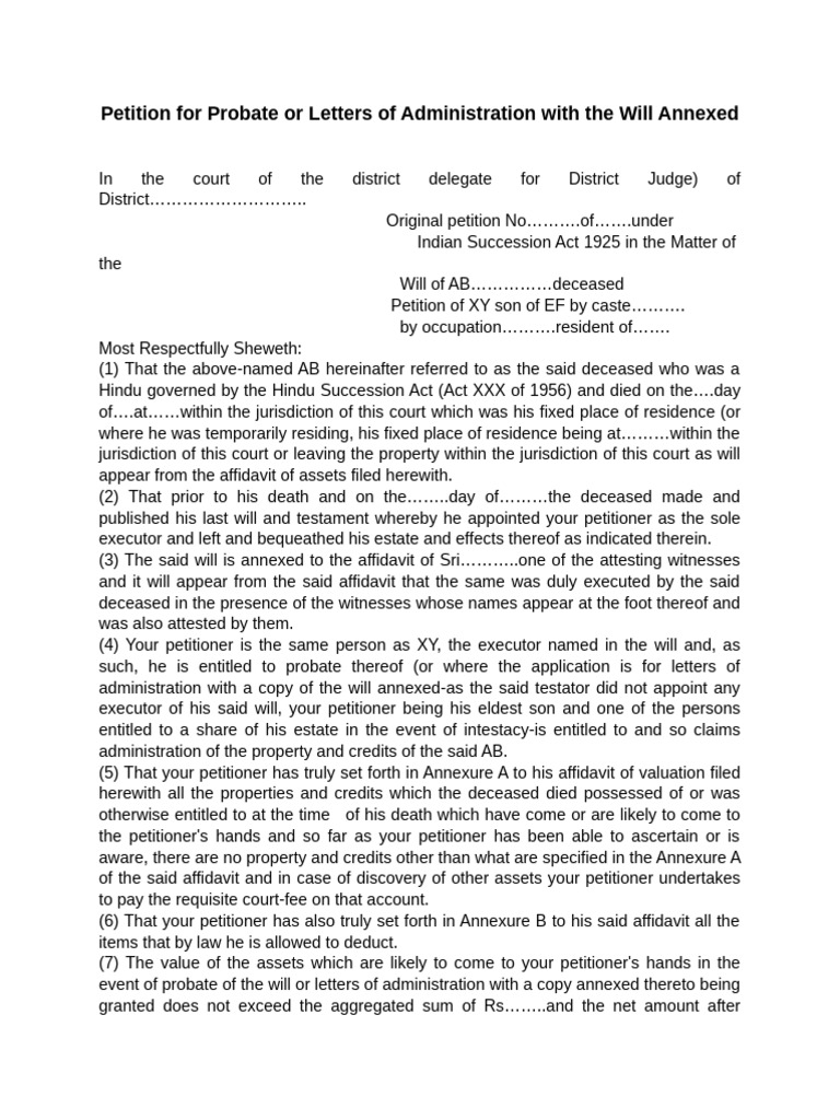 Petition For Probate or Letters of Administration With The Will Annexed ...