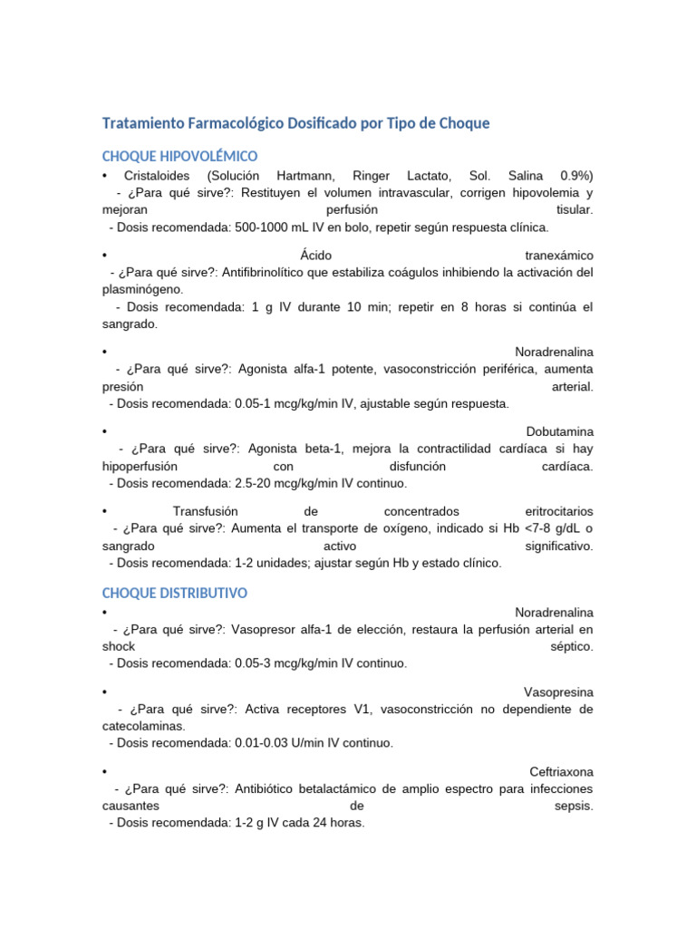 Farmacología Dosificada Por Tipo de Choque COMPLETA | PDF ...