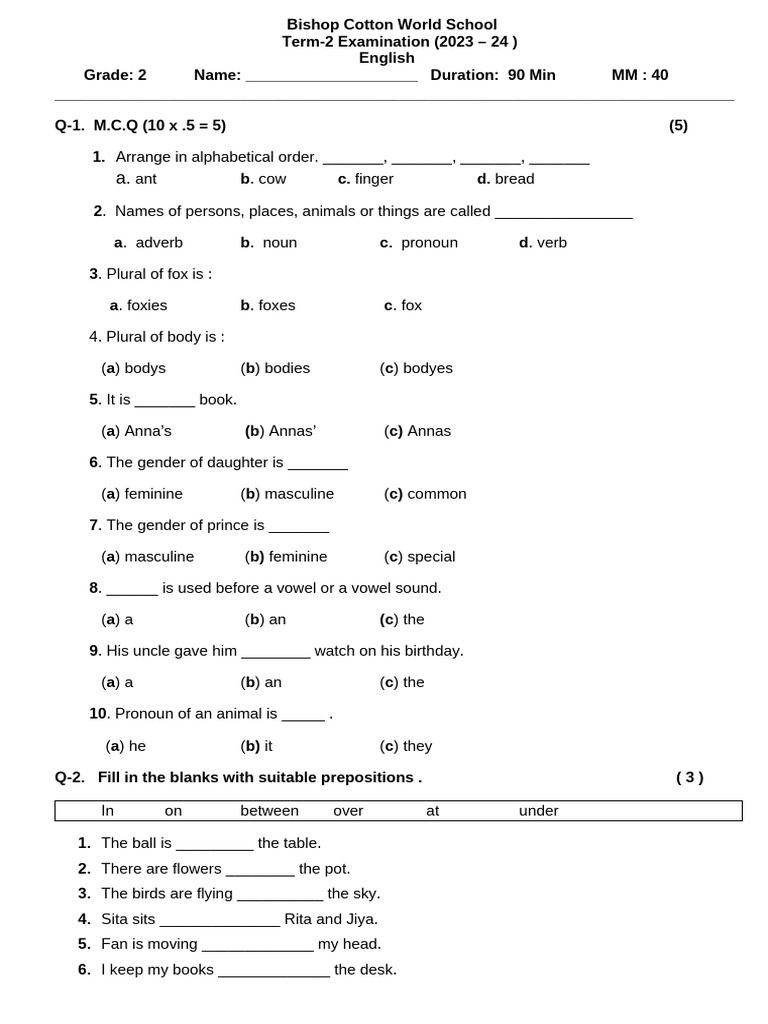 Class 2 English 2nd Term 2023 | PDF | Grammatical Gender | Morphology