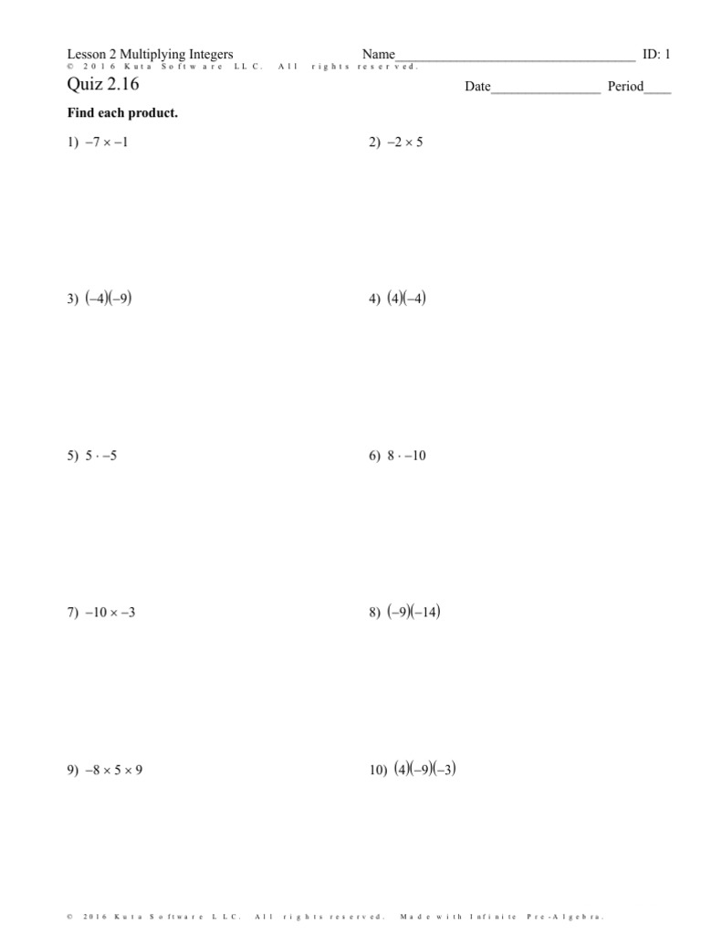 Multiplying Integers Quiz Worksheet | PDF
