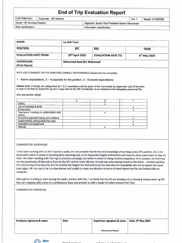End of Trip Evaluation SPC | PDF