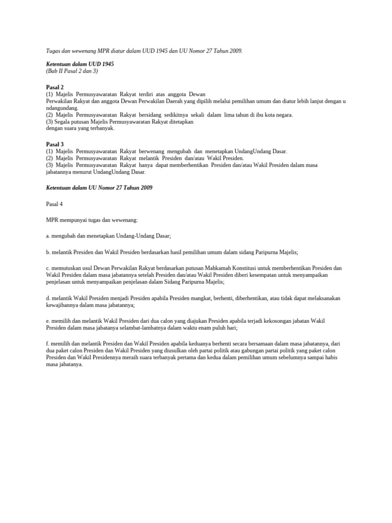 Tugas Dan Wewenang MPR Diatur Dalam UUD 1945 Dan UU Nomor 27 Tahun 2009 | PDF