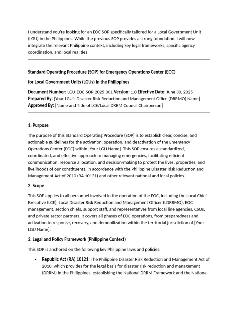 Standard Operating Procedure (SOP) For Emergency Operations Center ...