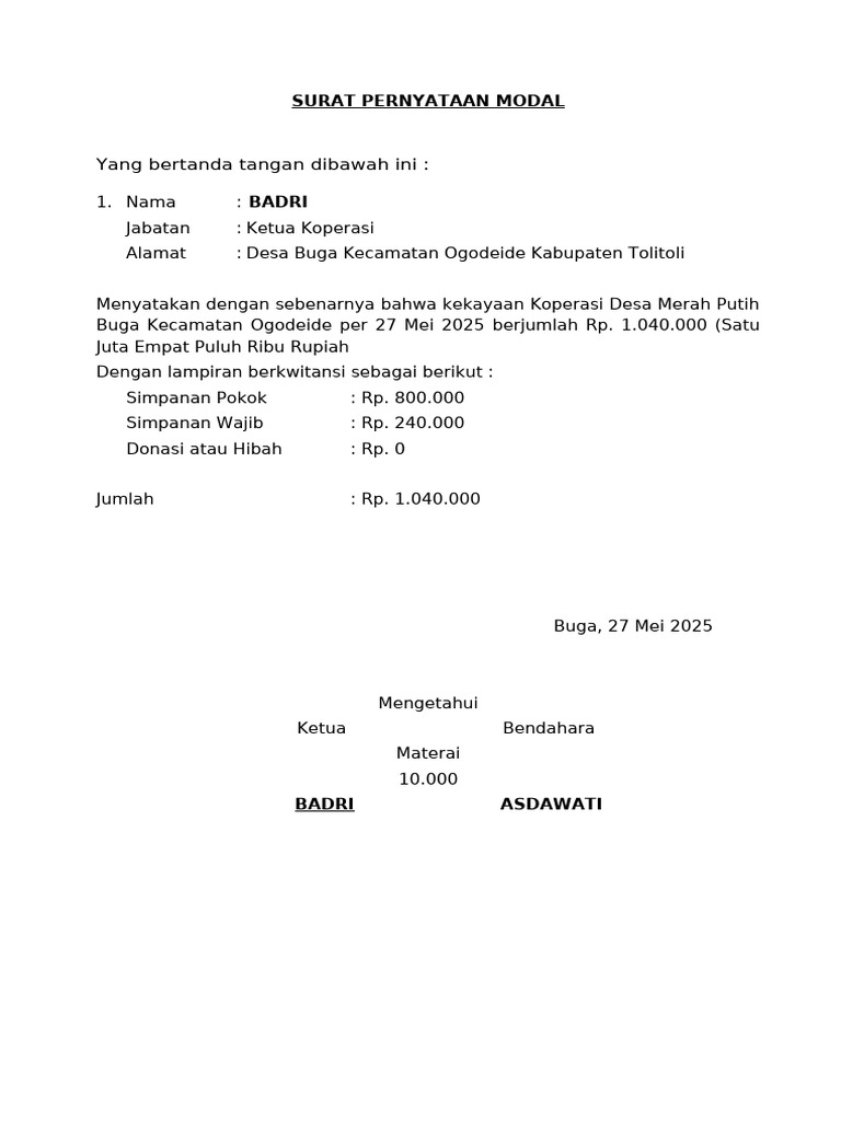 Surat Pernyataan Modal Kopdes Merah Putih 2025 | PDF