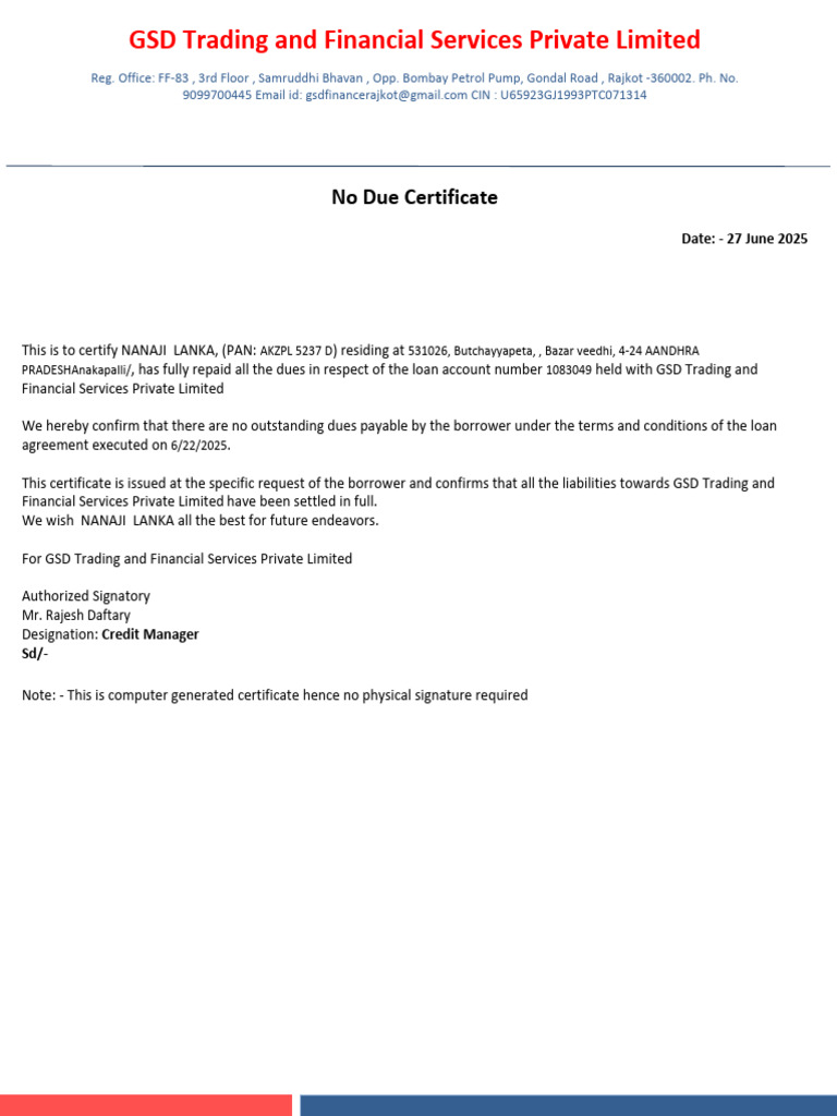No Due Certificate | PDF