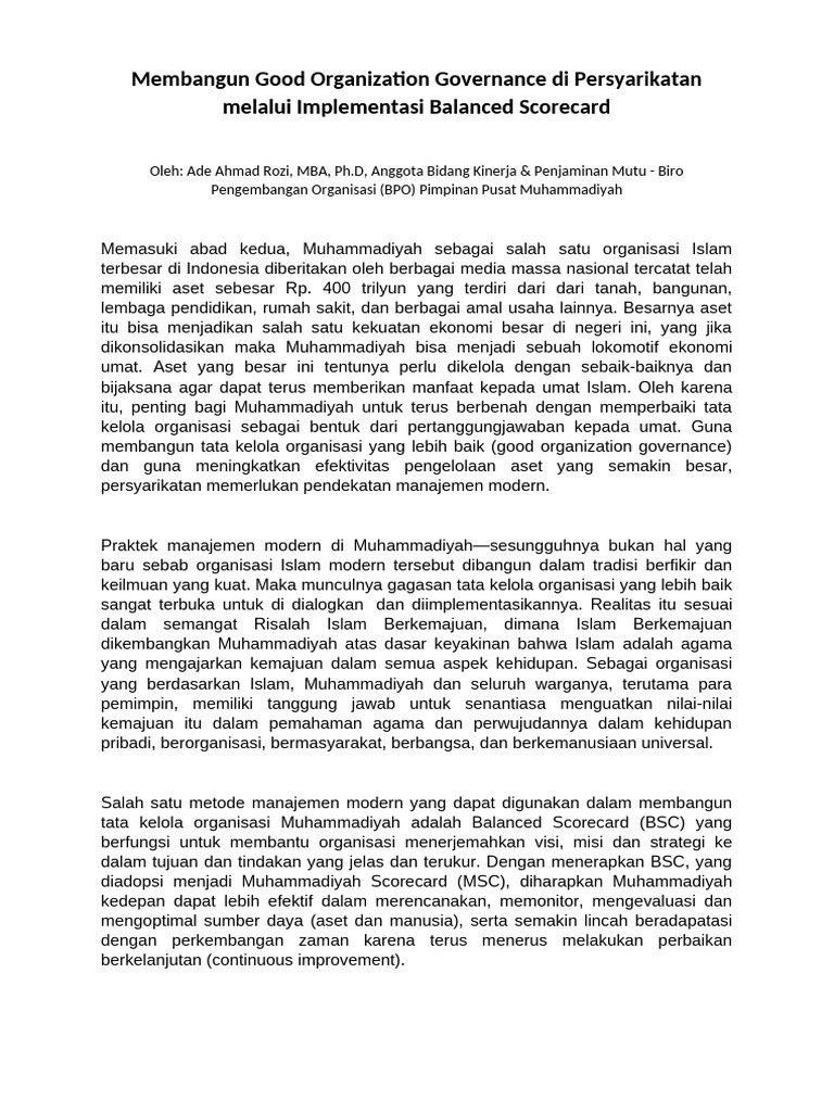 Membangun Good Organization Governance Di Persyarikatan Melalui Implementasi Balanced Scorecard ...