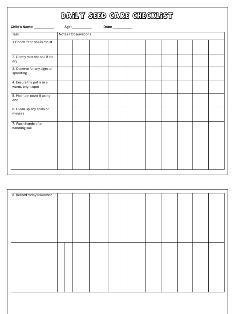 Daily Seed Care Checklist for Kids | PDF