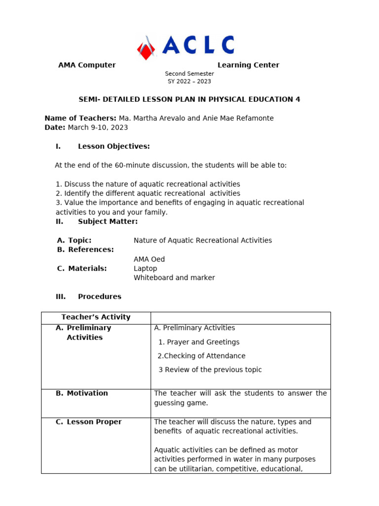 PE4 Nature of Aquatic Activities | PDF | Teachers | Teaching