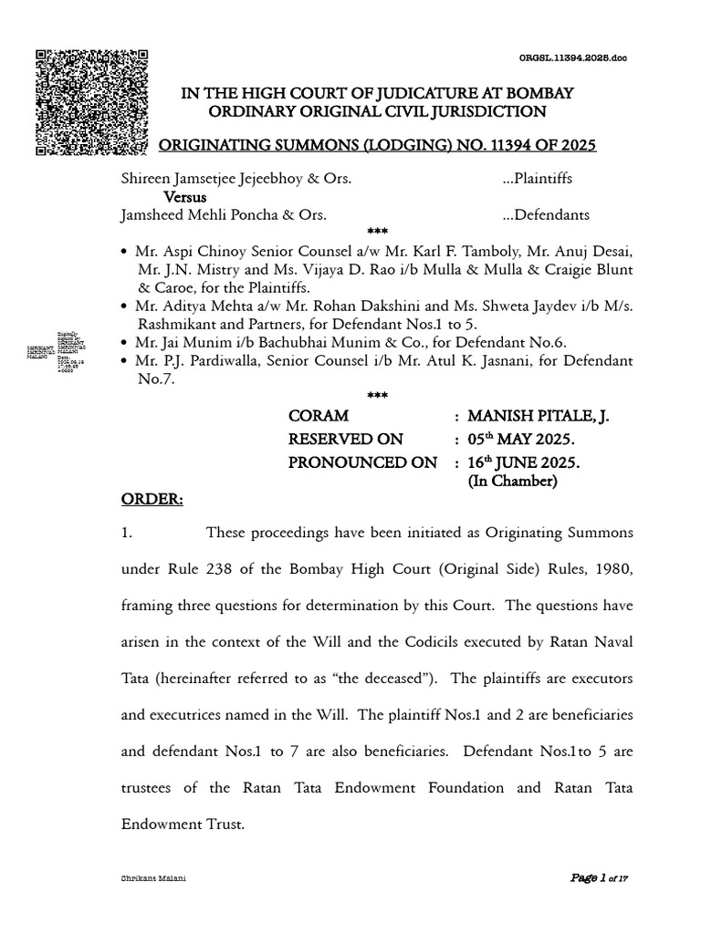 Shireen Jamsetjee Jejeebhoy Vs Jamsheed Mehli Poncha 606122 | PDF ...