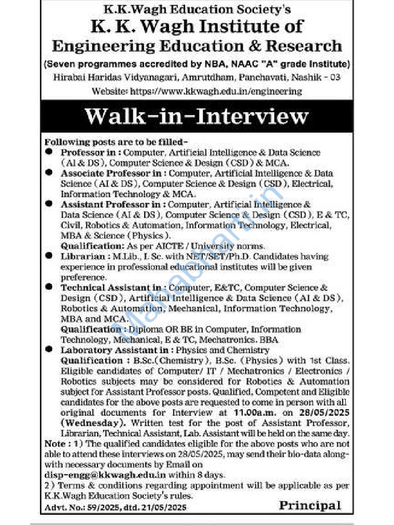 KK Wagh Education Society Nashik Bharti 2025 | PDF