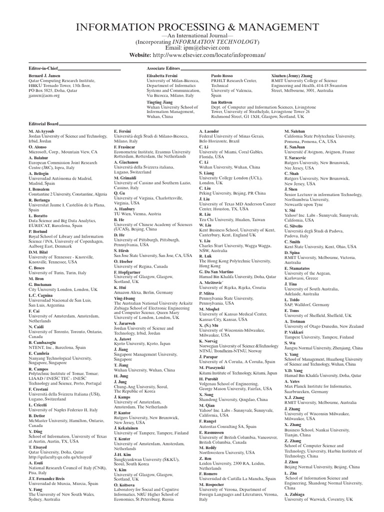 Editorial Board 2025 Information Processing Management | PDF | Science