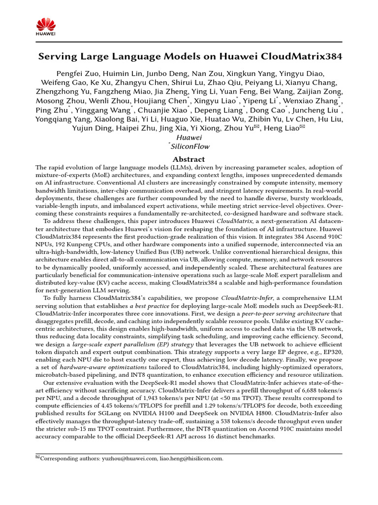 Serving Large Language Models on Huawei CloudMatrix384（华为GPU+DEEPSEEK） | PDF | Parallel ...