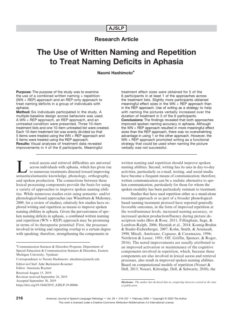 Hashimoto The Use of Written Naming and Repetition To Treat Naming ...