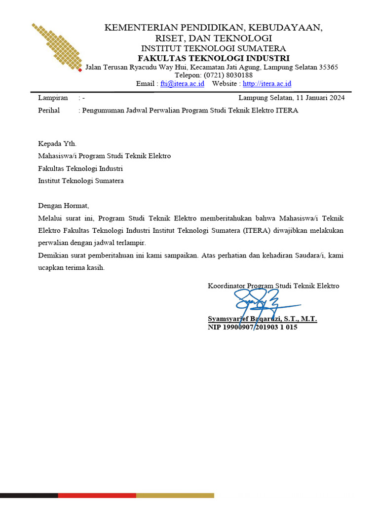 Jadwal Perwalian Teknik Elektro ITERA | PDF