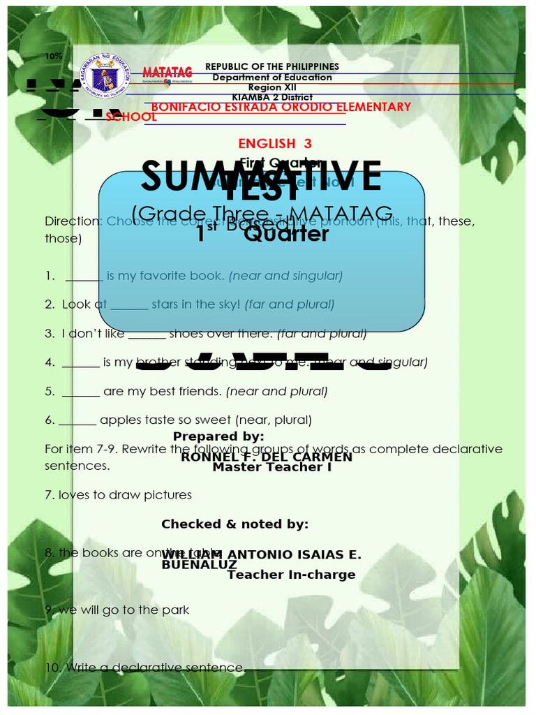 q1w1 Summative Test With Tos Ak All Subjects g3 2 | PDF
