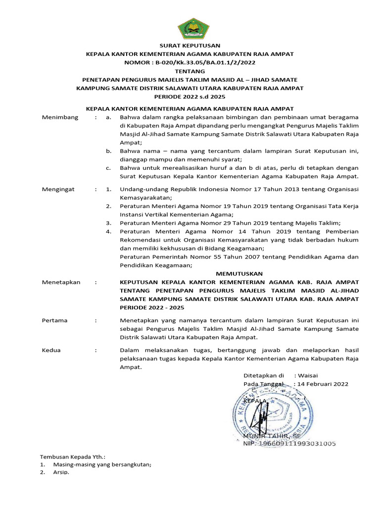 Pengurus Majelis Taklim Masjid Al-Jihad Samate 2022-2025 | PDF