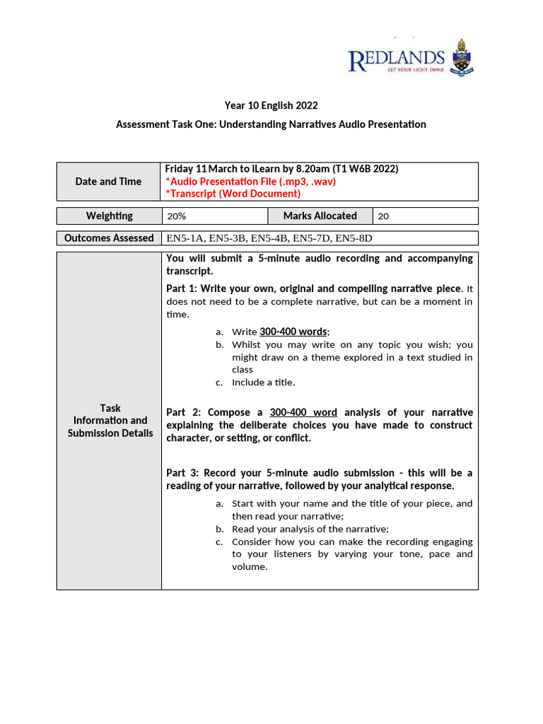 Year 10 2022 Understanding Narratives Assessment Task Notification-1 ...