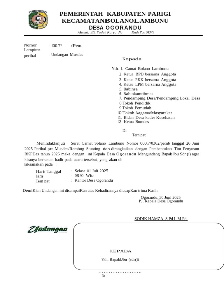 Undangan Musdes Desa Ogorandu 2025 | PDF