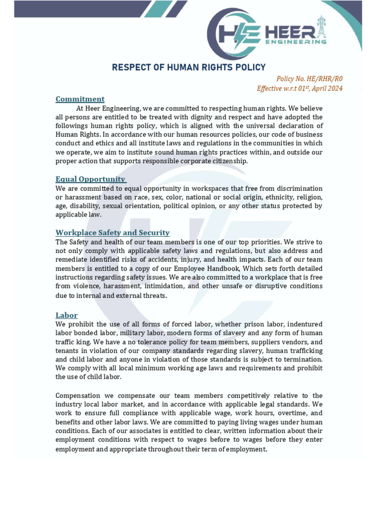 Respect of Human Rights Policy - r0 - He - Fy 25-26 | PDF | Employment ...