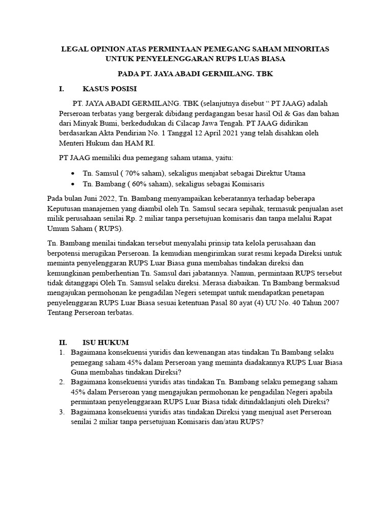 Legal Opinion Atas Permintaan Pemegang Saham Minoritas Untuk ...