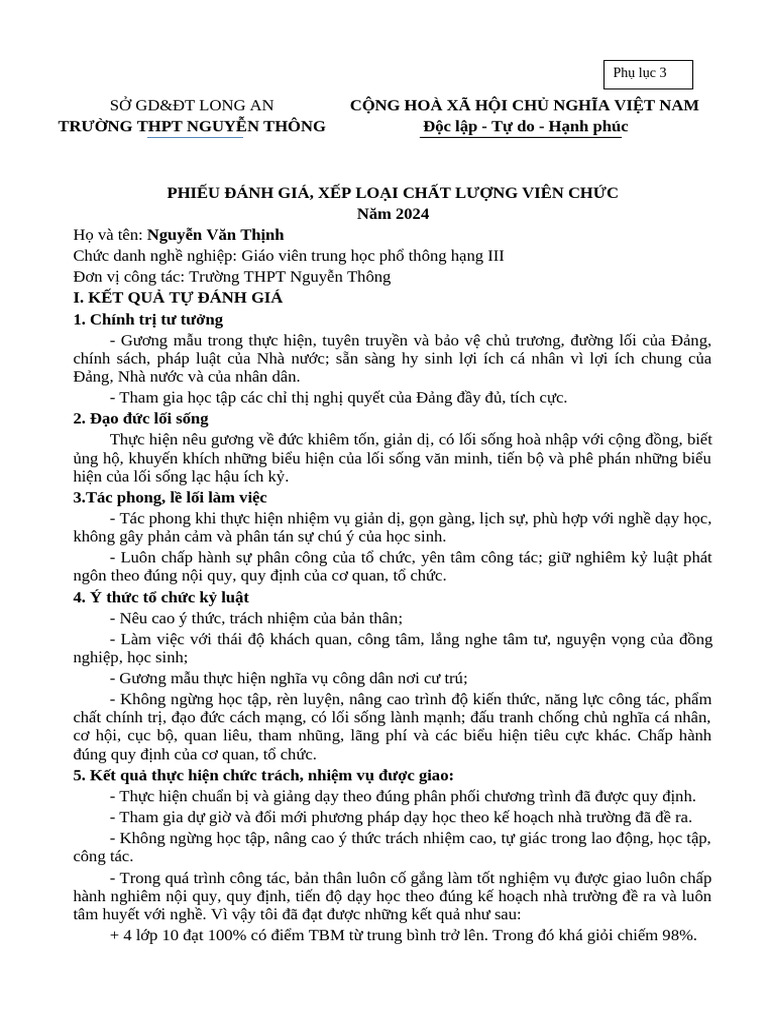 2024 GV Mau Phieu Danh Gia Can Bo Cong Chuc Vien Chuc | PDF