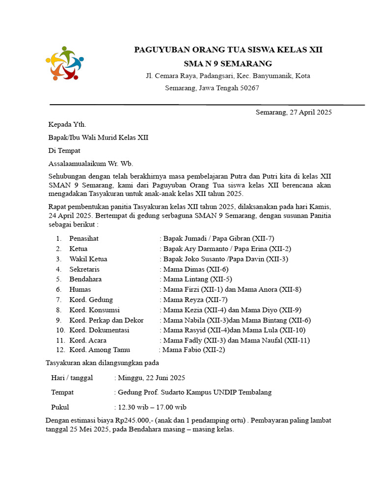 Contoh Surat Pemberitahuan Tasyakuran Kelas XII | PDF