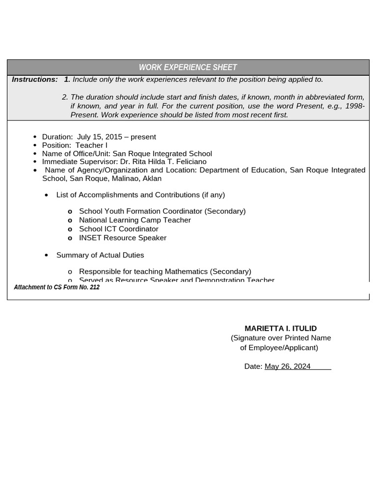 CS Form No. 212 Attachment - Work Experience Sheet | PDF