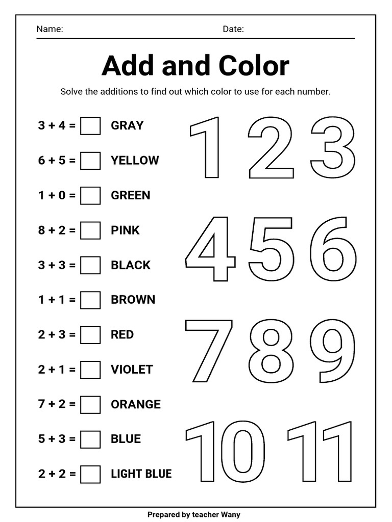 Solve Additions and Color Numbers Worksheet in Black and White Simple ...