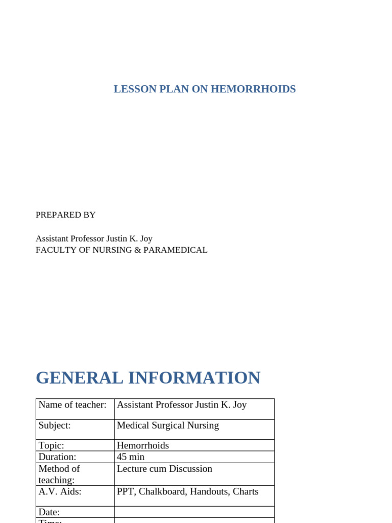 Lesson Plan Hemorrhoids JustinKJoy | PDF | Hemorrhoid | Constipation
