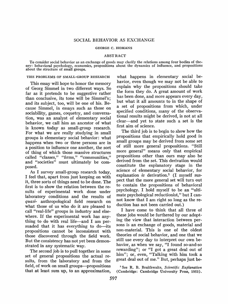 Homans 1958 | PDF | Reinforcement | Behavioural Sciences