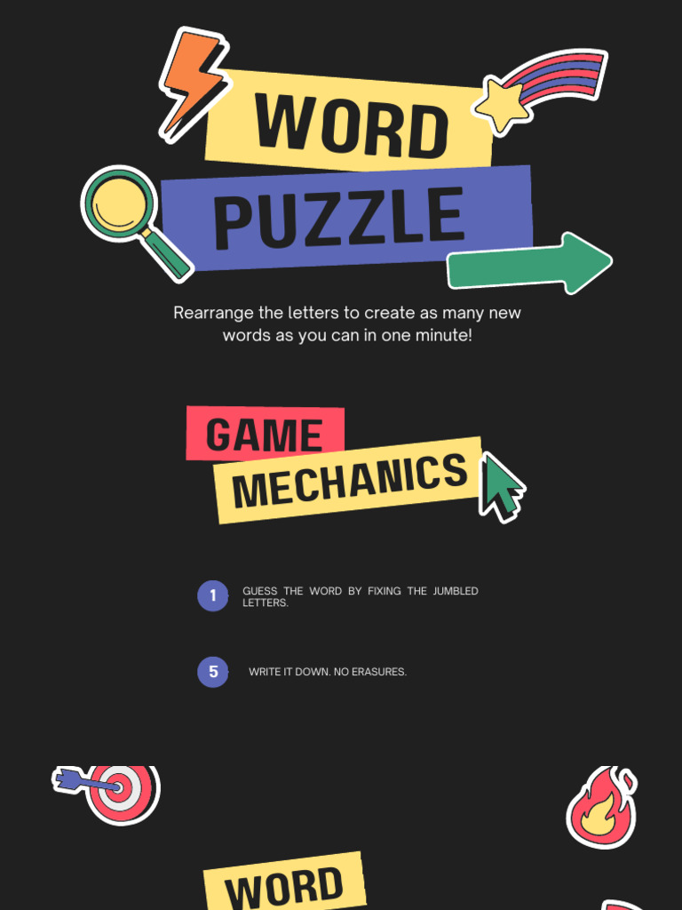 Dark Colorful Stickers and Badges Word Puzzle Game Fun Presentation | PDF