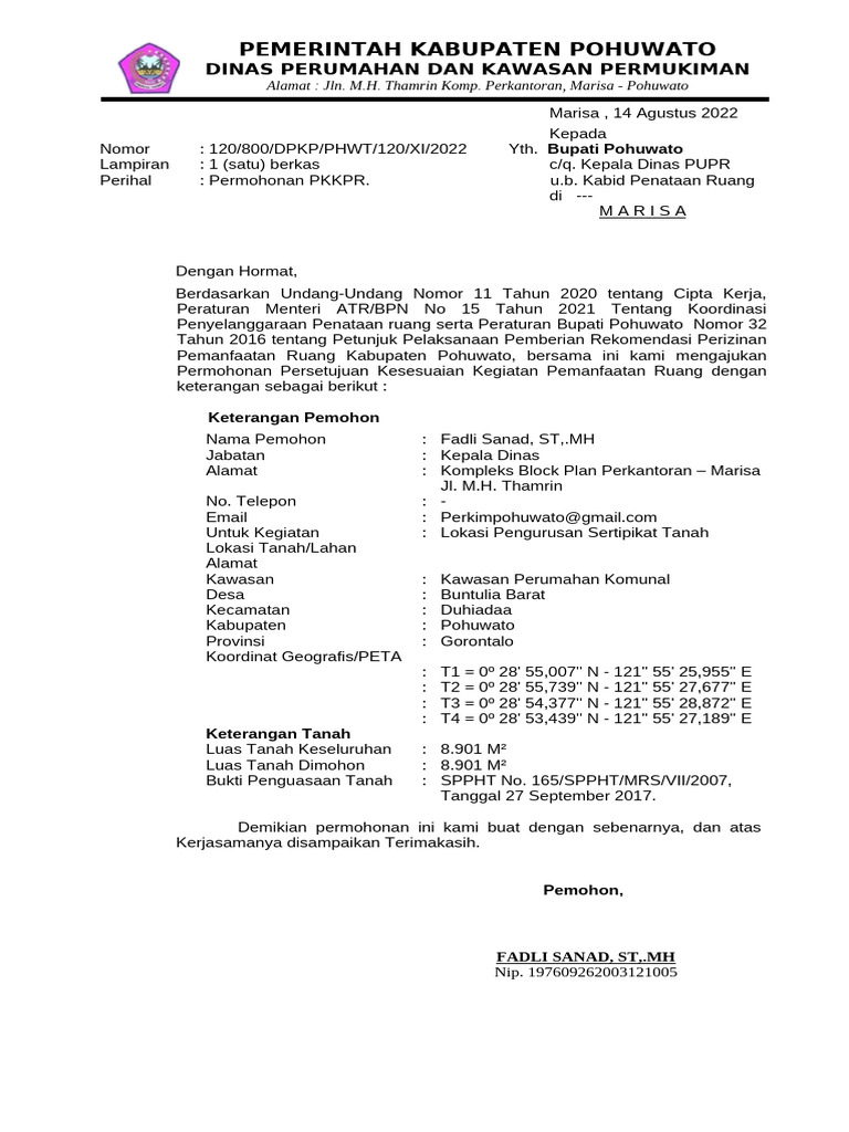 Surat Permohonan PKKPR Tata Ruang 2022 | PDF