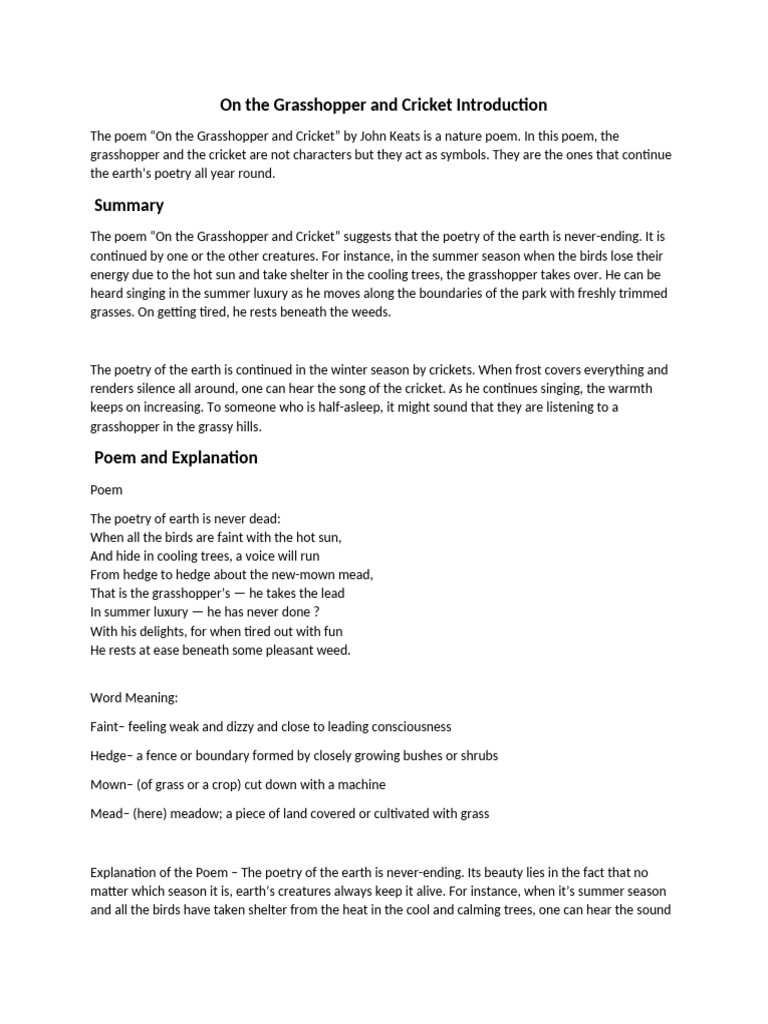 On The Grasshopper and Cricket | PDF | Poetry