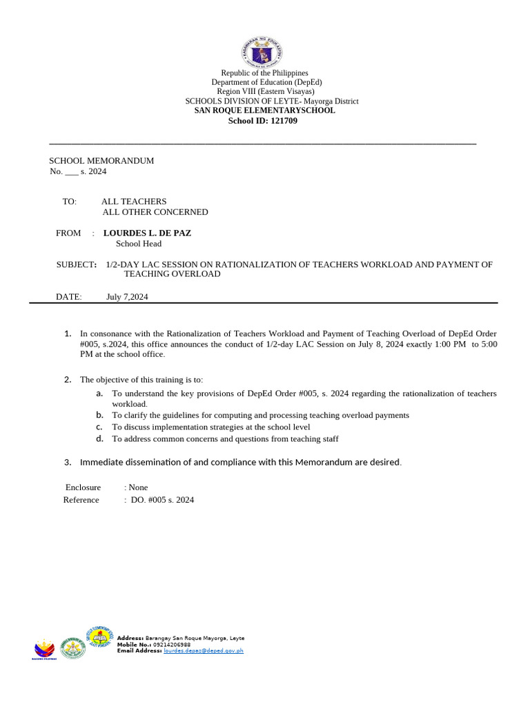 121709-School-Memo-Lac Rationalization of Teachers Workload | PDF