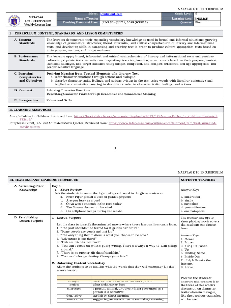 DLL Matatag - English 5 Q1 W3 | PDF | Reading Comprehension | Learning