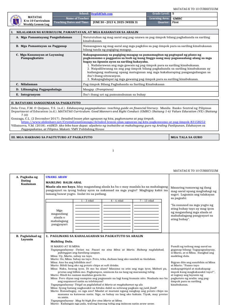 DLL Matatag - GMRC 5 Q1 W3 | PDF
