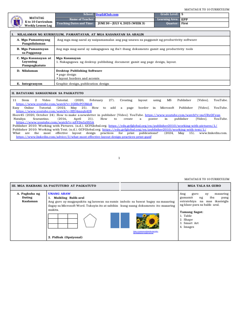 DLL Matatag - Epp 5 Q1 W3 | PDF