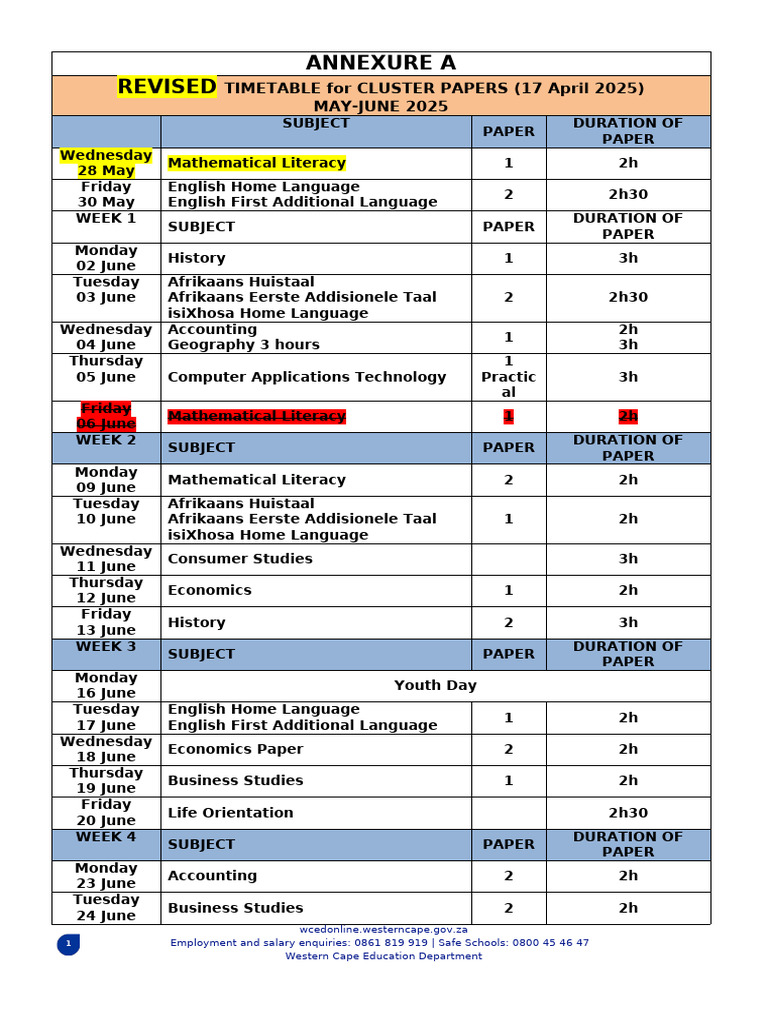 Western Cape Matric Exam Timetable 2025 | PDF