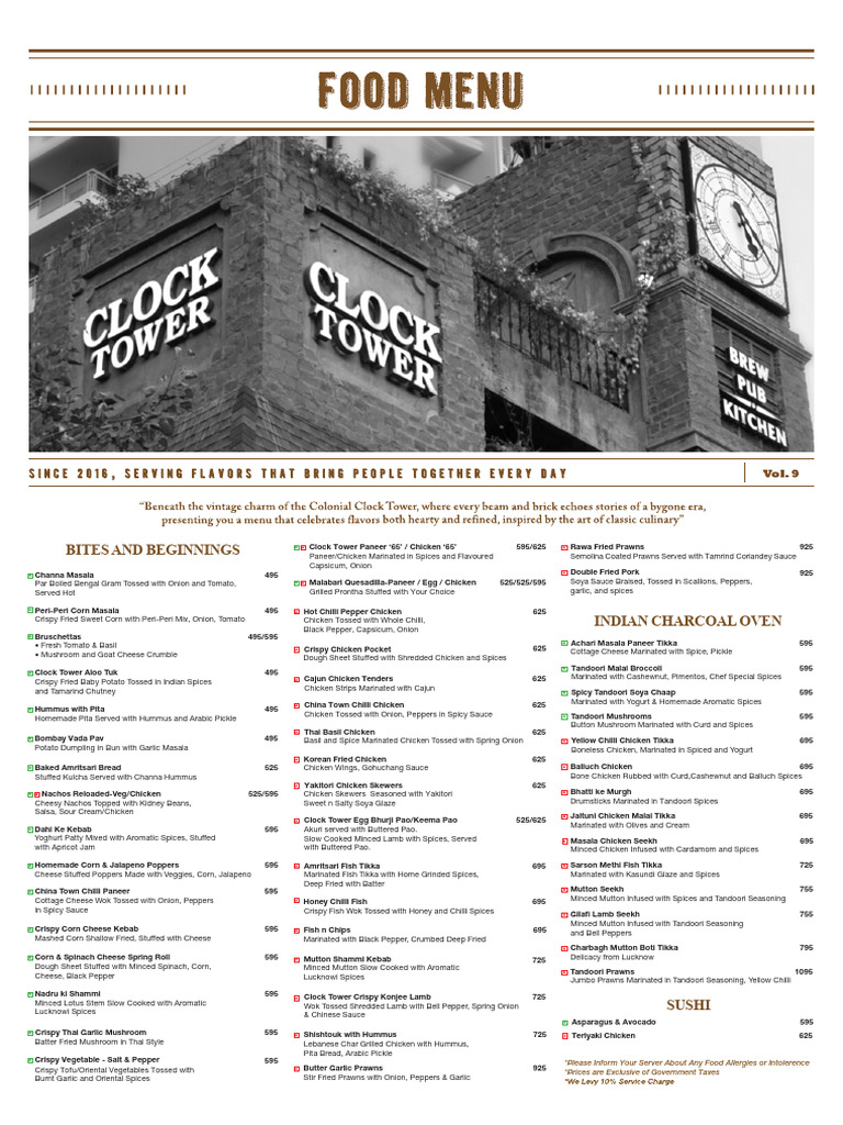 Clock Tower Restaurant Menu Overview | PDF | Sauce | Kebab